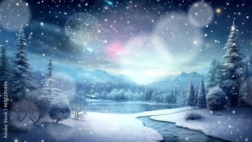 landscape with snow and firework,loop video background animation ...
