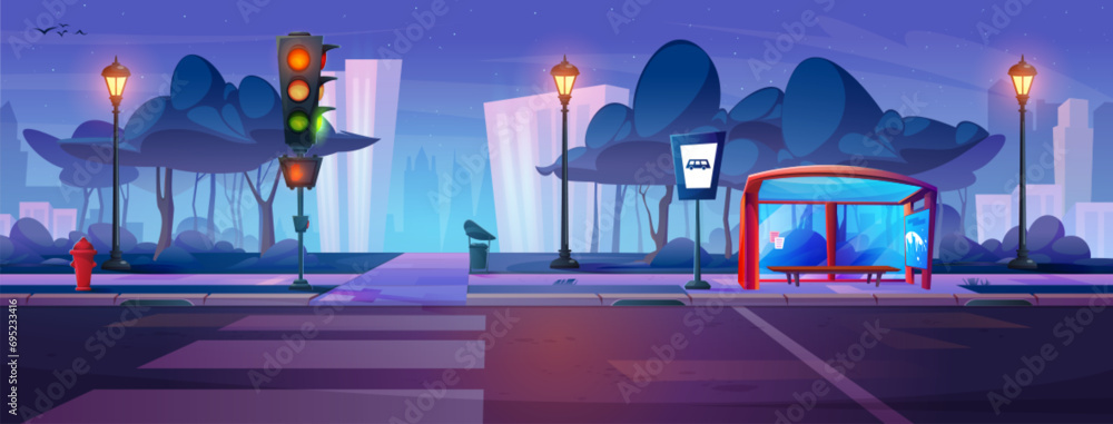 Night city street with road crossing and dark park. Vector cartoon ...