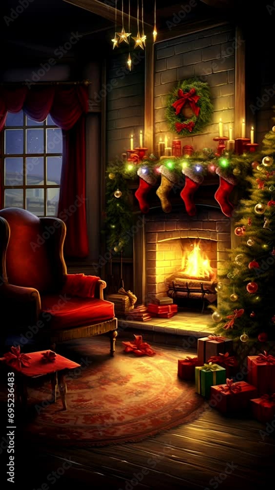 christmas tree in the living room, loop video background animation ...