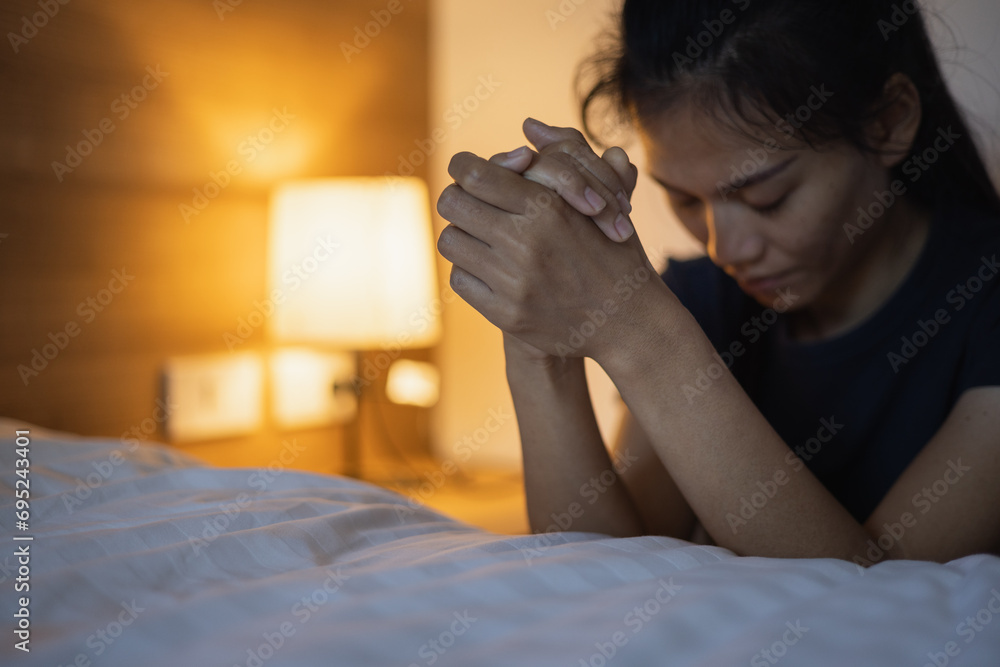 Christian woman praying in bedroom, woman hands praying to god, begging ...