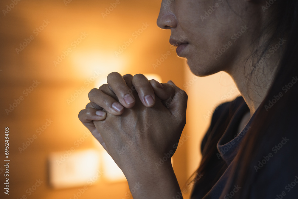 Christian woman praying in bedroom, woman hands praying to god, begging ...