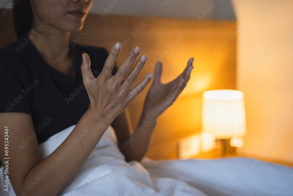 Christian woman praying in bedroom, woman hands praying to god, begging for forgiveness and ...