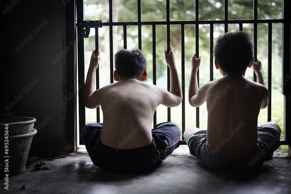 The concept of poor children victims of human trafficking process, poverty, child abuse. child ...
