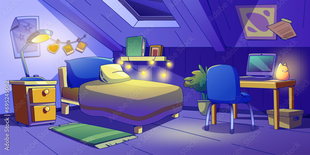 Attic bedroom interior at night with furniture and accessories under ...