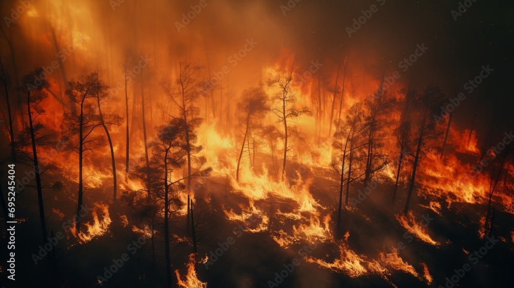 Raging and terrifying forest fire with thick plumes of heavy smoke ...