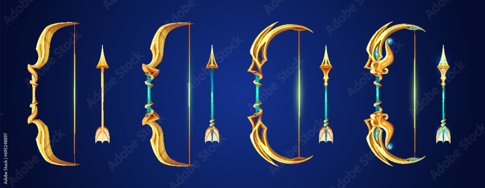 Golden bows and arrows set isolated on background. Vector cartoon ...