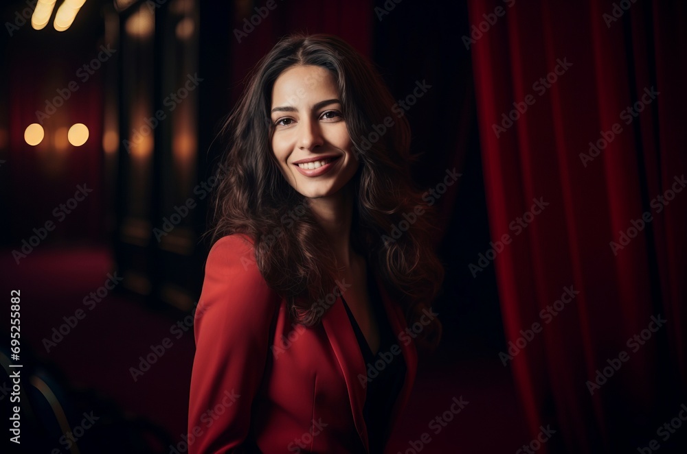 Beautiful brunette actress on stage. Attractive charming female ...