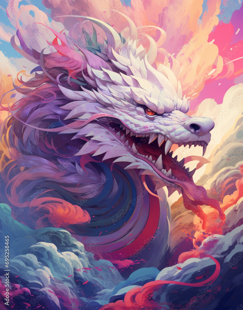 Enter a realm of fantasy: a captivating painting featuring a majestic ...