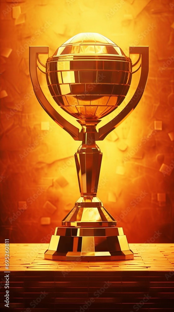 First place gold trophy cup isolated on golden background. Golden ...