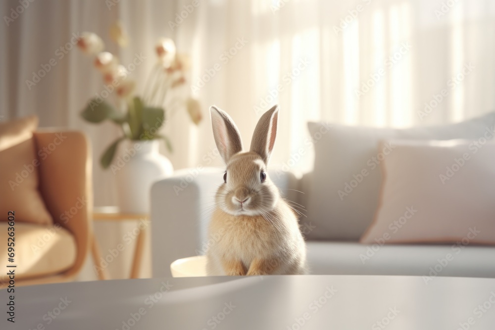A rabbit sitting on a table in a cozy living room. This image can be ...
