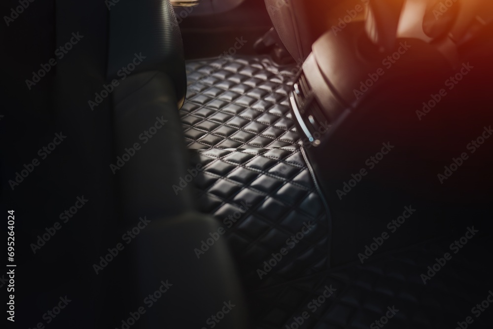 Premium luxury leather floor mat in a modern car interior. Auto service ...