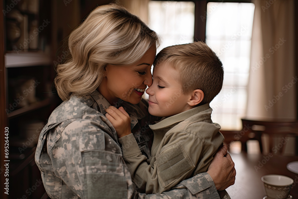 A loving military mother in uniform embraces and kisses her son ...