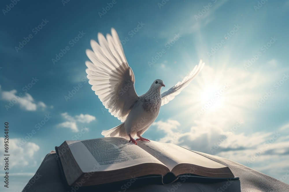 Dove on open bible book with blue sunny sky view. Peaceful flight on ...