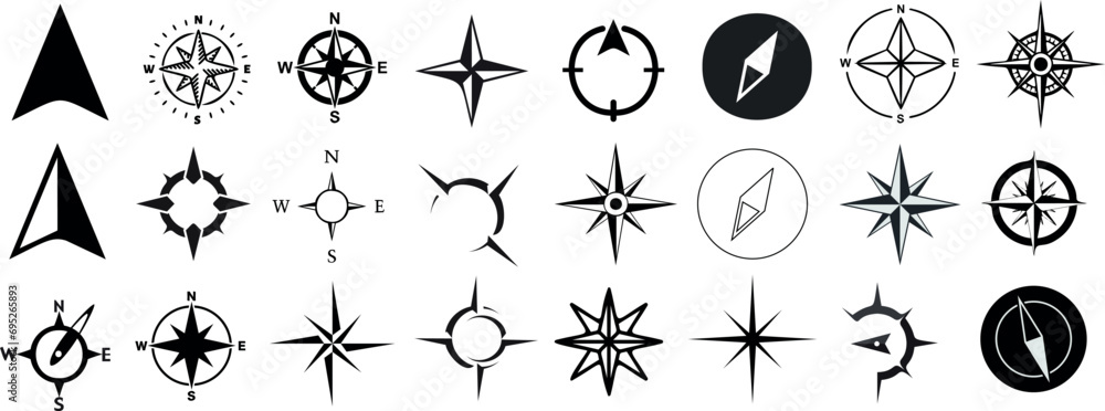 Compass icons collection, vector illustration. Black and white ...