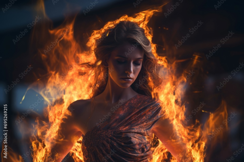 Hot girl fire. Proud and sentimental girl dancing flaming clothes dark ...