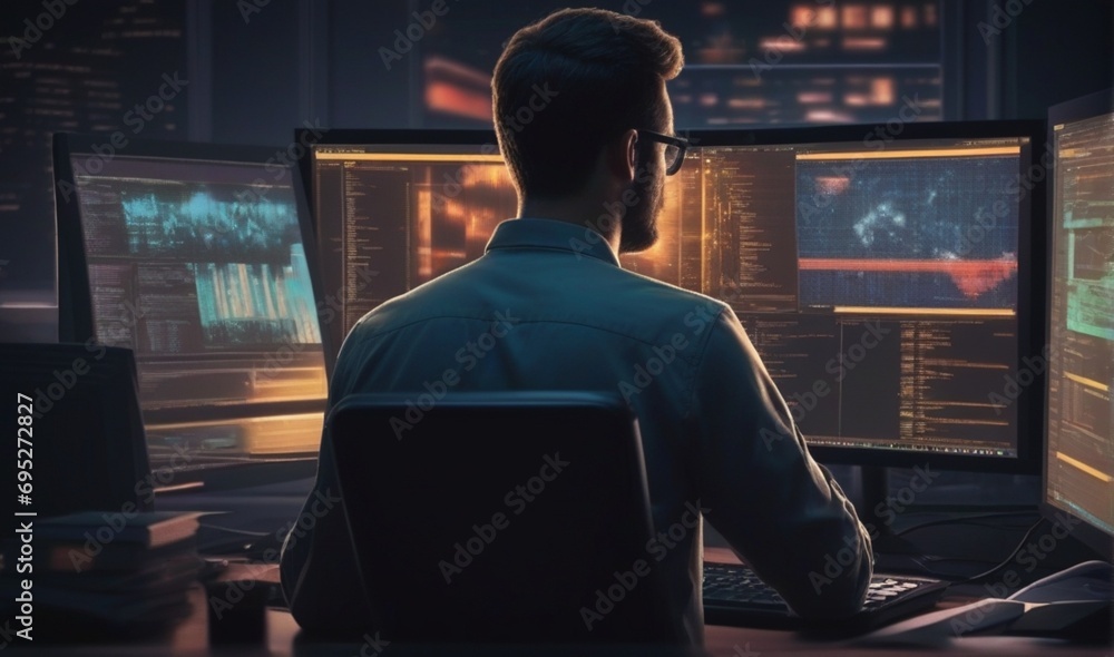 Busy smart business man software developer engineer programmer working late on pc computer in ...