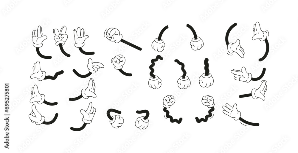 Retro cartoon character arms linear vector icons set on white ...