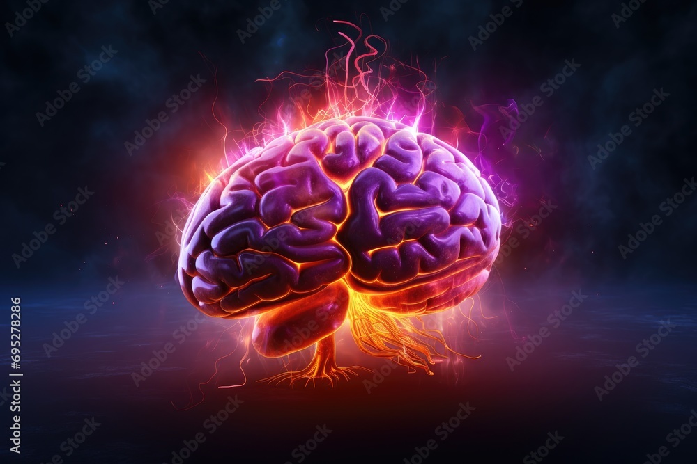 Human brain neon hologram with fire, long-term memory, storage of ...