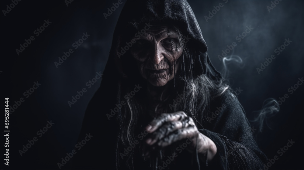 Fictional mythical evil old creature black annis witch with black coat ...
