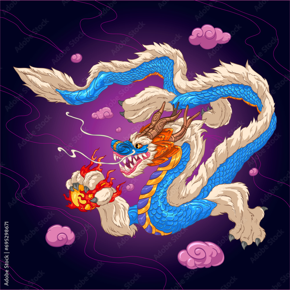 Blue Chinese Dragon Holding Pearl Beautiful Fantasy Illustration blue-chinese-dragon-holding-pearl-beautiful-fantasy-illustration