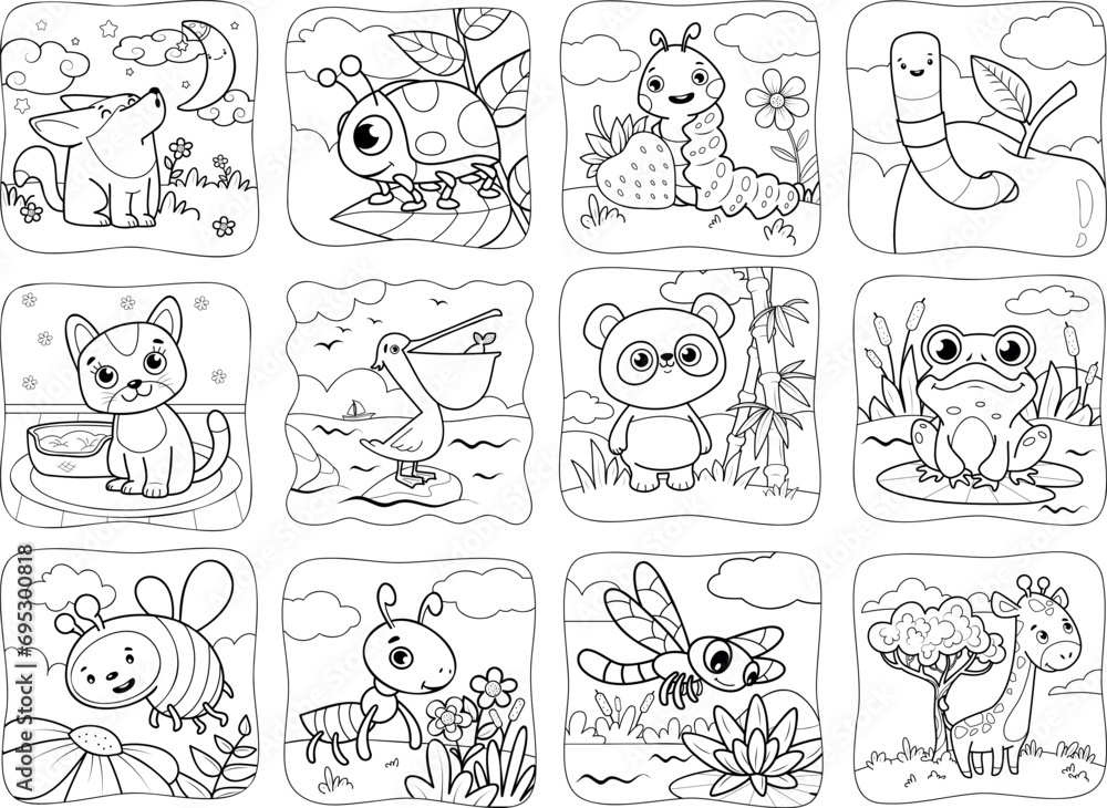 Cute Woodland Animals for coloring book, bear, butterflies, Frog ...