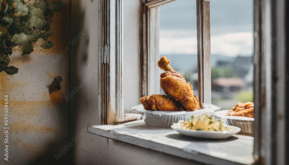 Copy Space image through the window of Fried Breaded chicken tender ...
