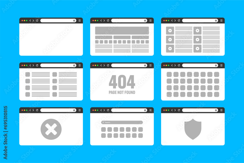 Web browser window, pages layout with toolbar and search field. Modern ...