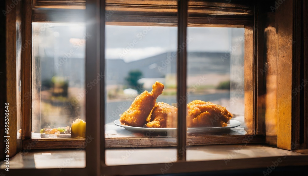 Copy Space image through the window of Fried Breaded chicken tender ...