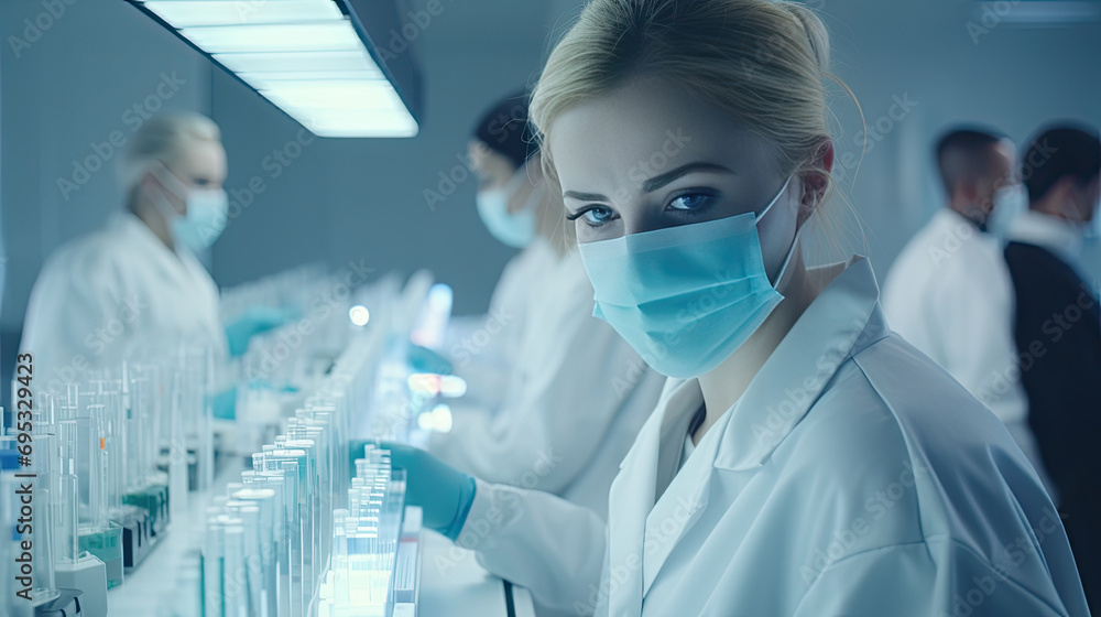 team at work Production of medicines. A young woman in white production ...