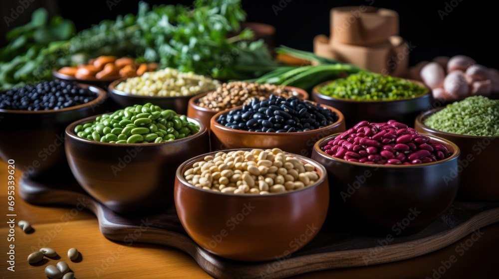 All kinds of different types of beans in simple pots on a wooden table ...