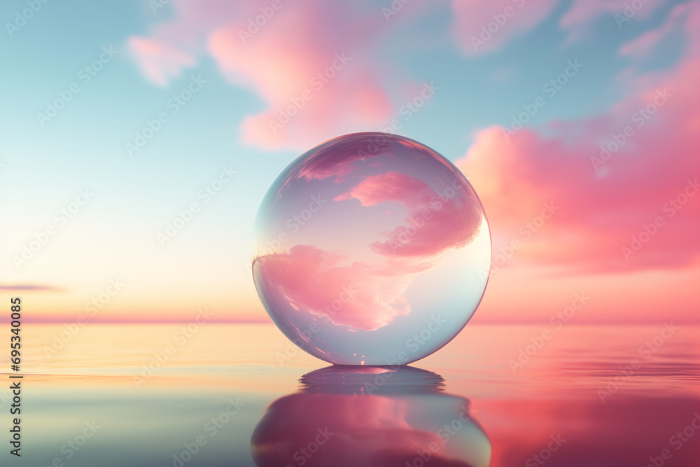Transparent glass sphere floating in the ocean at sunset, in the style ...