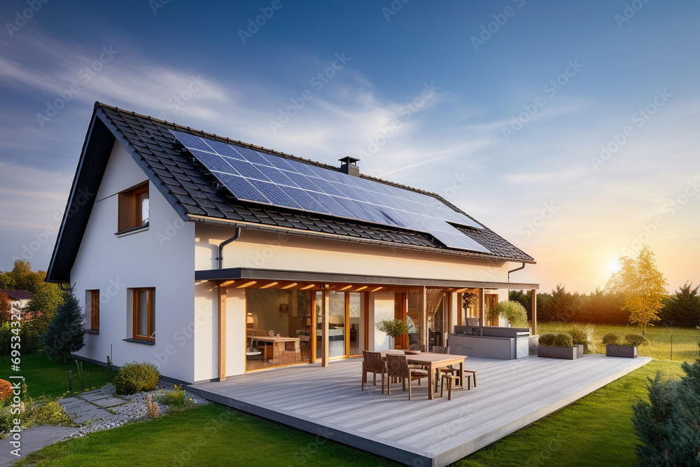 Beautiful house with solar panels on the roof under a bright sky ...