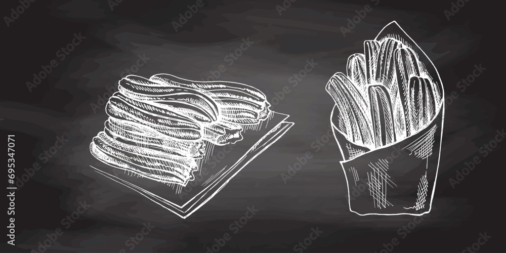 Hand-drawn set of churros sketch style on chalkboard background ...