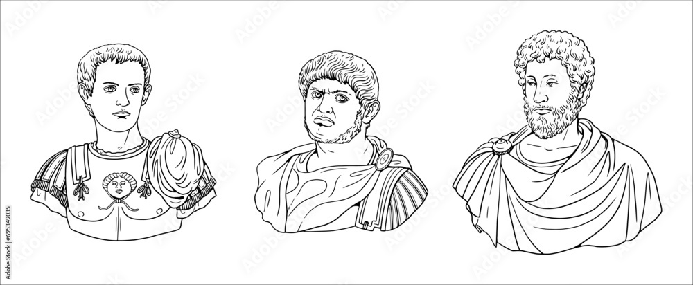 Vecteur Stock Busts of Caligula, Nero and Commodus. Portraits of Roman ...