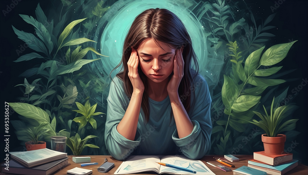 Stressed woman with a headache. Anxiety coping strategies calming ...