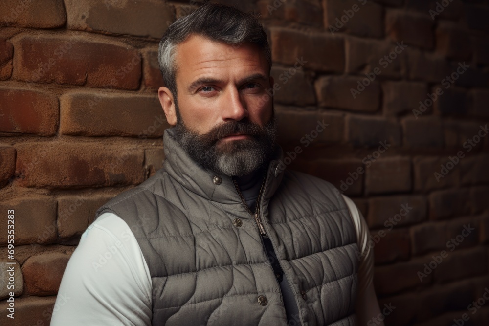 Portrait of a tender man in his 40s dressed in a thermal insulation ...