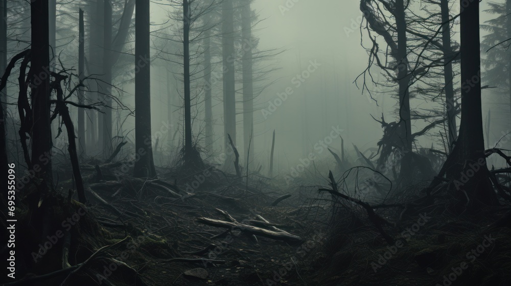 The forest, spoiled by illegal logging, is shrouded in a mysterious fog ...