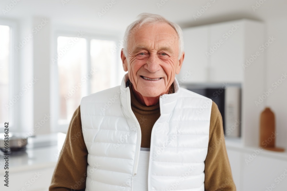 Portrait of a grinning man in his 80s dressed in a thermal insulation ...