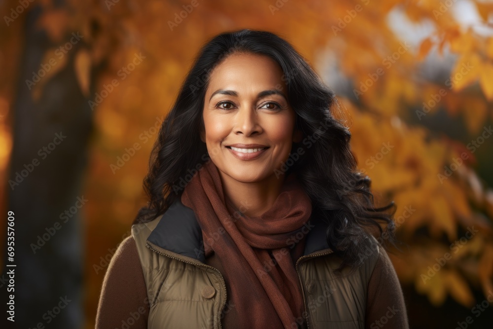 Portrait of a smiling indian woman in her 40s dressed in a thermal ...