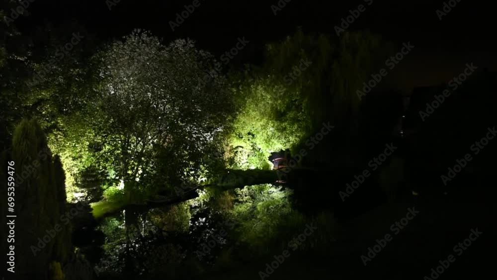 Night scene of a luxury garden with a lake, set in a private ...