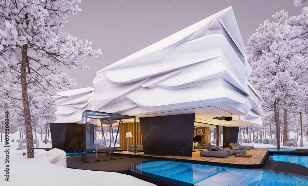 3d rendering of cute cozy modern house with bionic natural curves ...