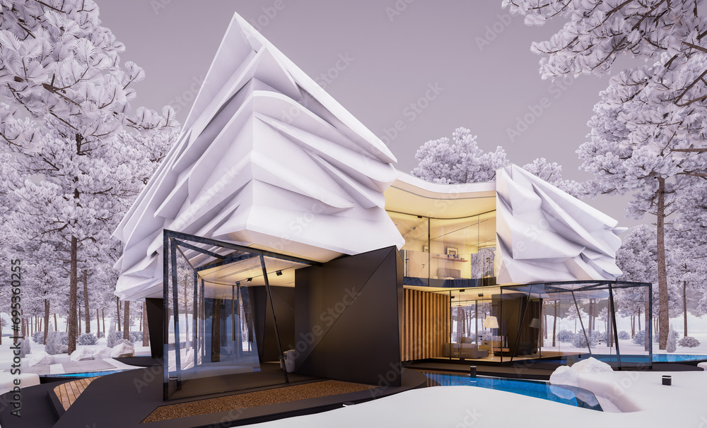 3d rendering of cute cozy modern house with bionic natural curves ...