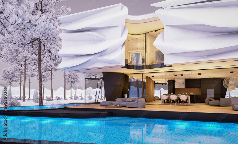 3d rendering of cute cozy modern house with bionic natural curves ...