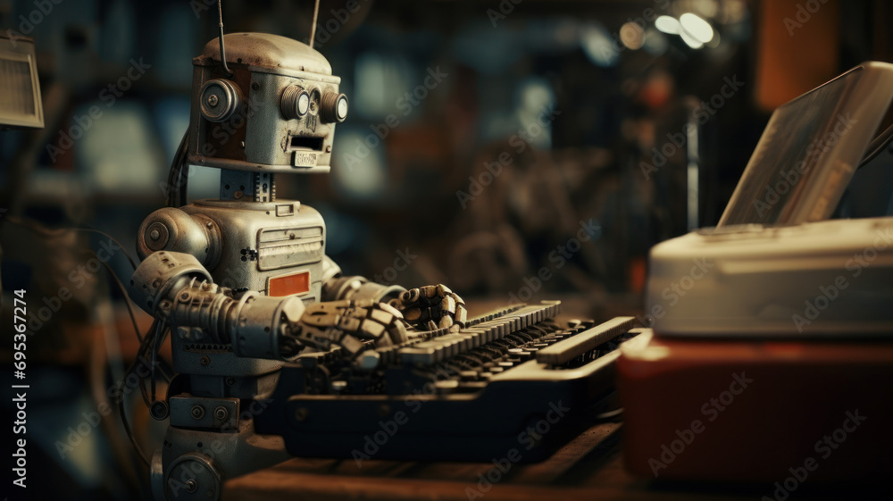 Robot Working And Typing Artificial Intelligence Human Job Replacement