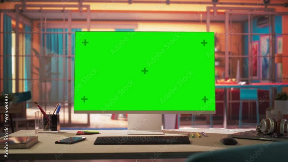 Zoom in On a Modern Personal Computer Monitor with Chroma key Green ...
