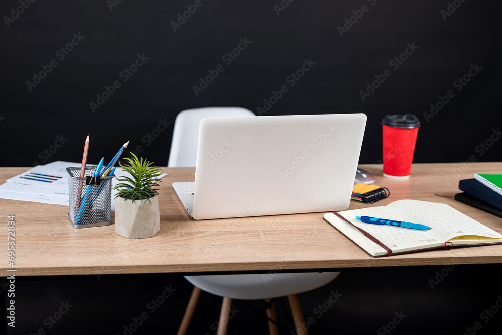Workplace with notepad pen calculator laptop, coffee and keyboard Stock ...
