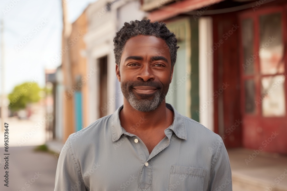 Portrait of a satisfied afro-american man in his 40s wearing a simple ...
