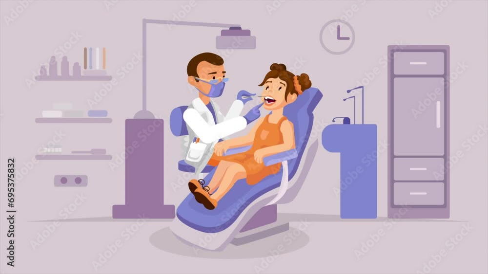 Dentist examining or treating patient teeth 2D Animation. A female ...