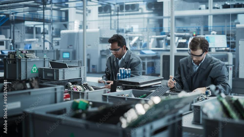 Indian And Caucasian Male Workers Taking Apart Laptops To Recycle For ...