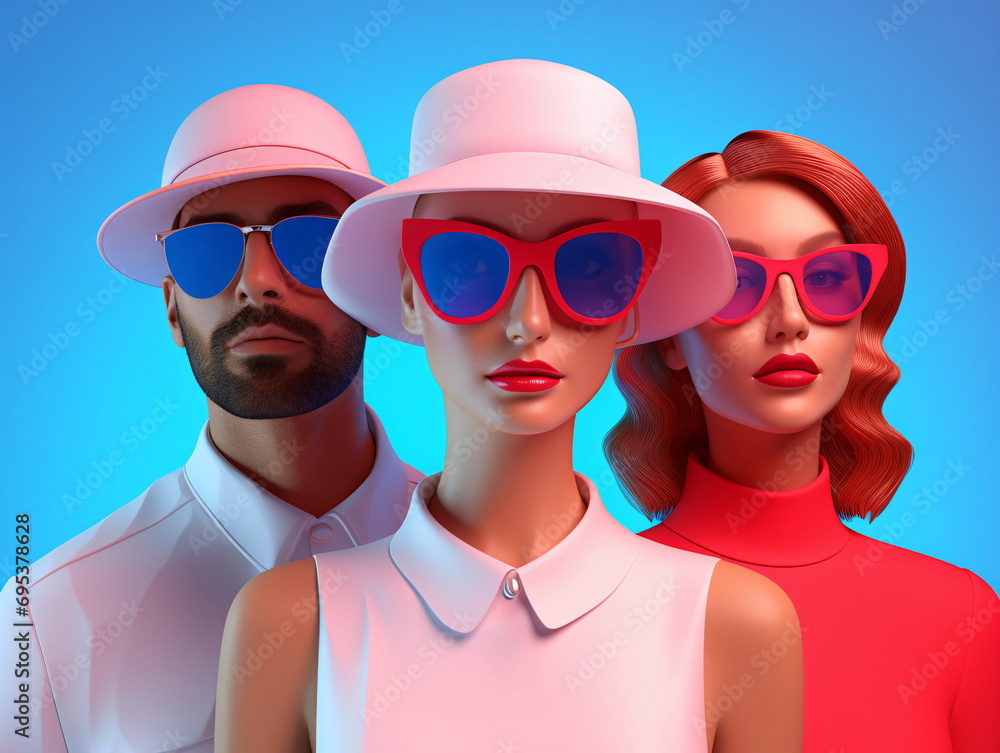 Three people in glasses that look like 3D cartoon characters on blue ...